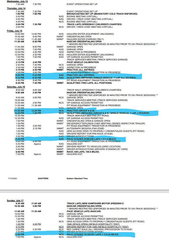 New Hampshire NASCAR Full On Track Event Schedule - ifantasyrace.com