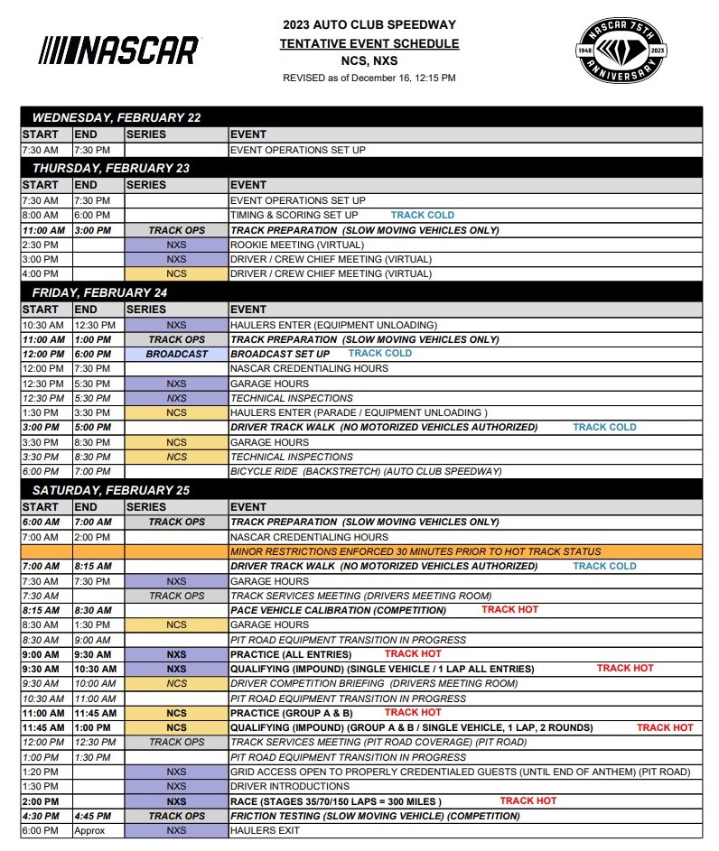 Auto Club NASCAR On Track Event Schedule - ifantasyrace.com