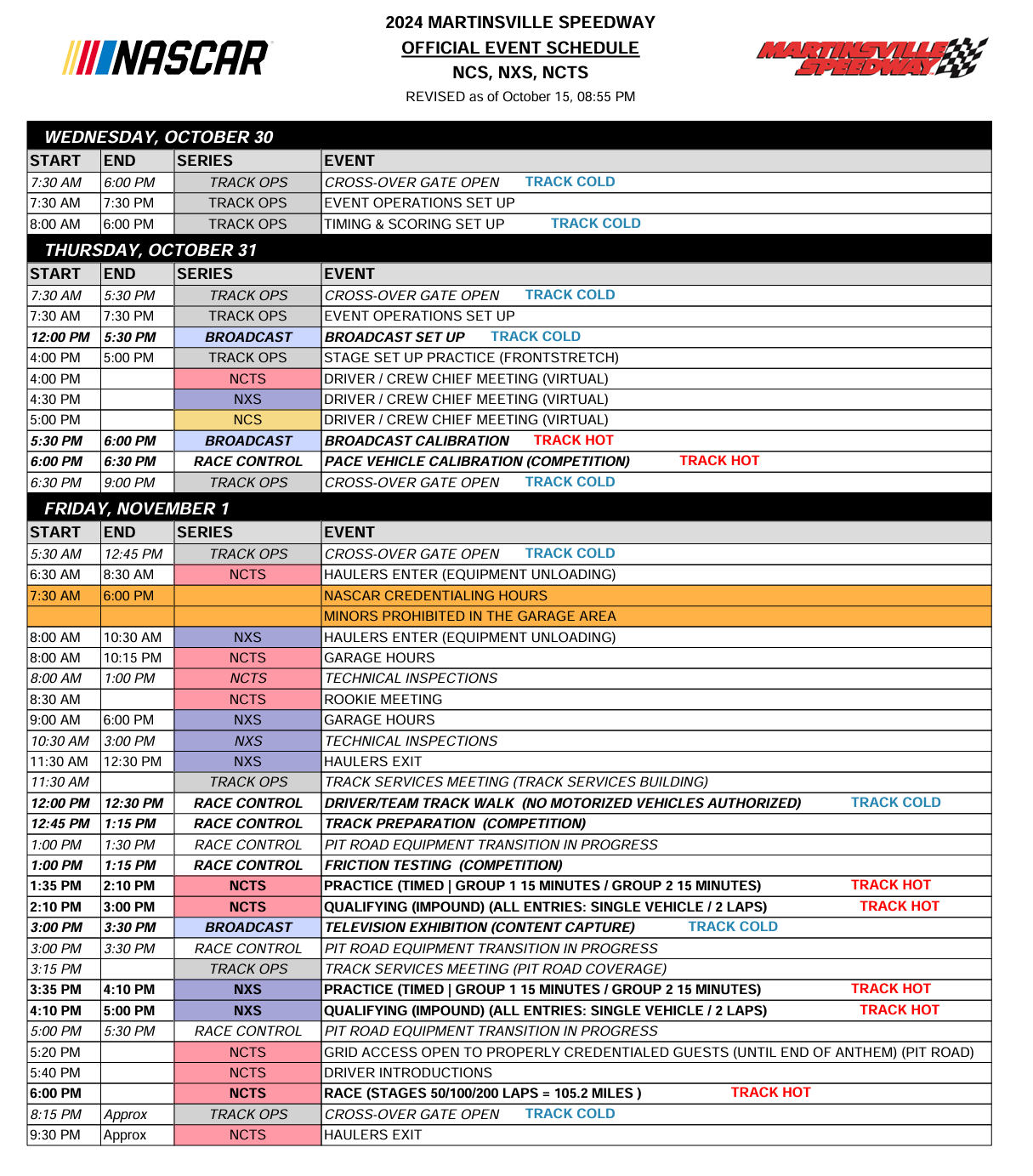 Martinsville NASCAR On Track Event Schedule - ifantasyrace.com