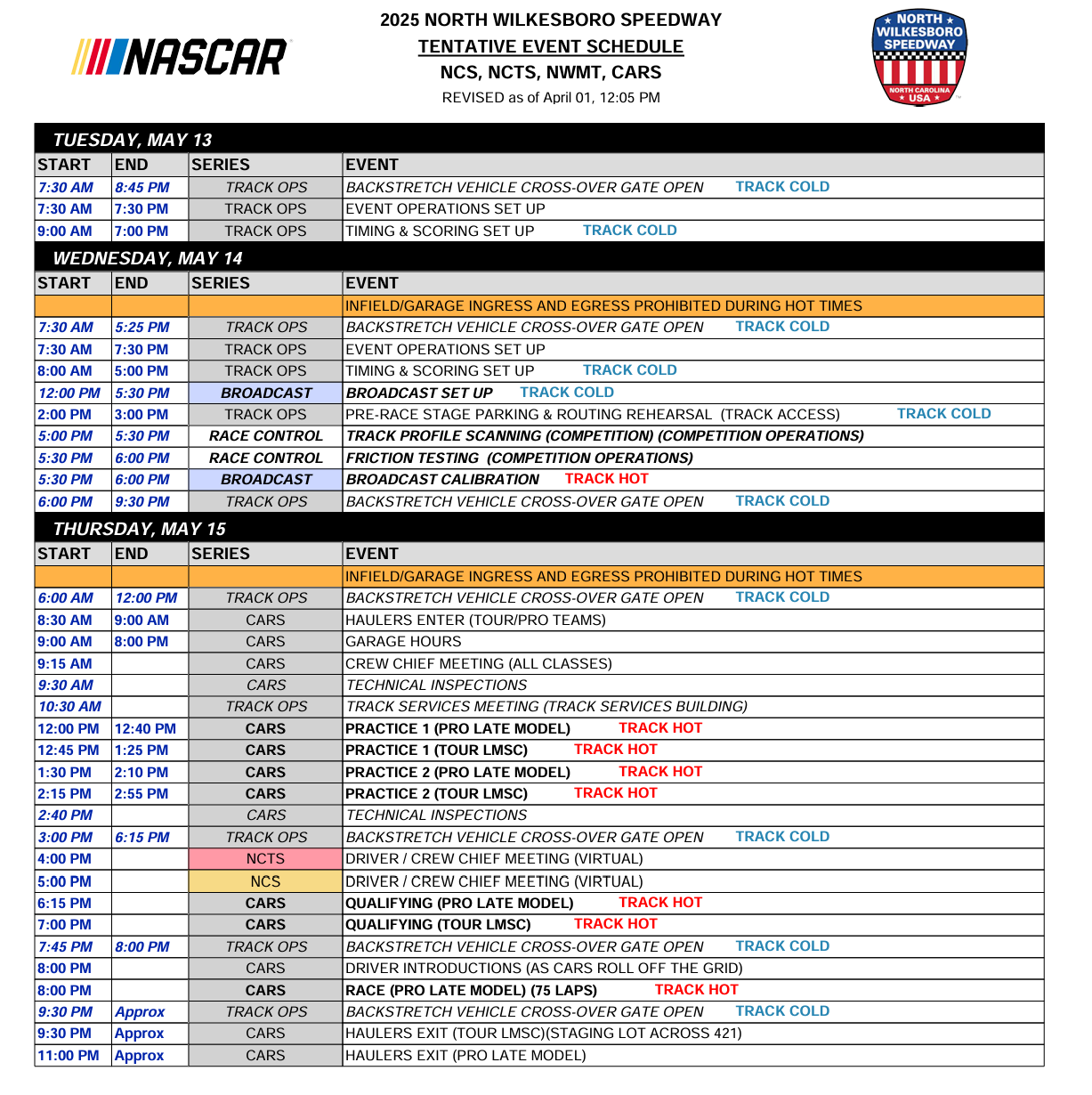North Wilkesboro NASCAR All-Star Race On Track Event Schedule ...