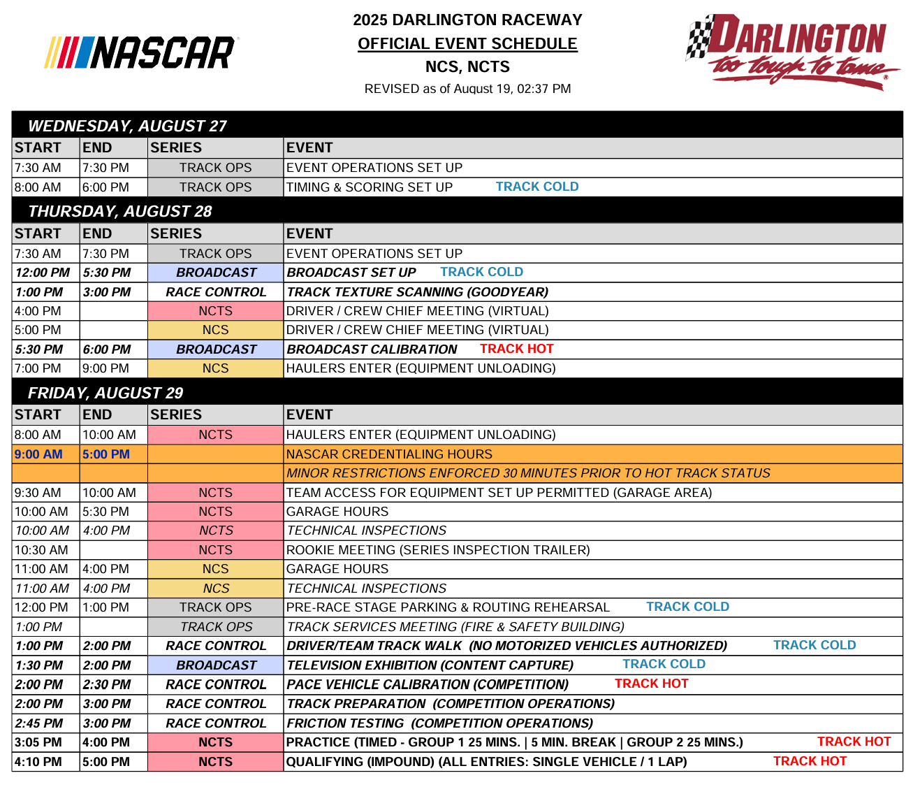 Darlington NASCAR On Track Event Schedule - ifantasyrace.com